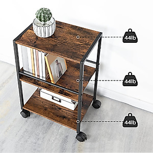 MAHANCRIS Printer Stand with Adjustable Storage Shelf, 3-Tier Computer Tower Stand with 2 Hooks, Rolling Printer Cart for Home Office Small Spaces, CPU Stand with Wheels, Rustic Brown PTHR6001Z