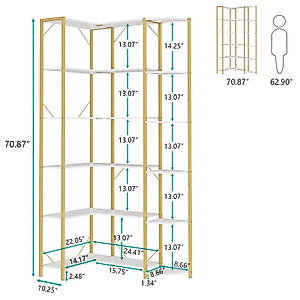 Loomie Gold Corner Shelf, 6-Tier 70.87" H Corner Bookcase, Tall Modern Corner Bookshelf Storage Display Rack, Open Book Case for Home Office & Living Room, Gold Finish Metal Frame & White Shelving