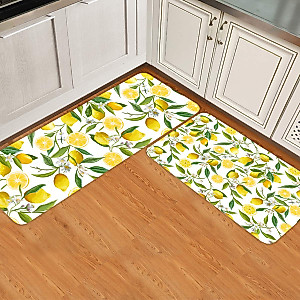 2 Piece Kitchen Mat Set,Summer Fruit Soft Rugs Cushioned Non Slip Area Rug Runner Carpet Water Absorbent Indoor Doormats Yellow Lemon Floal
