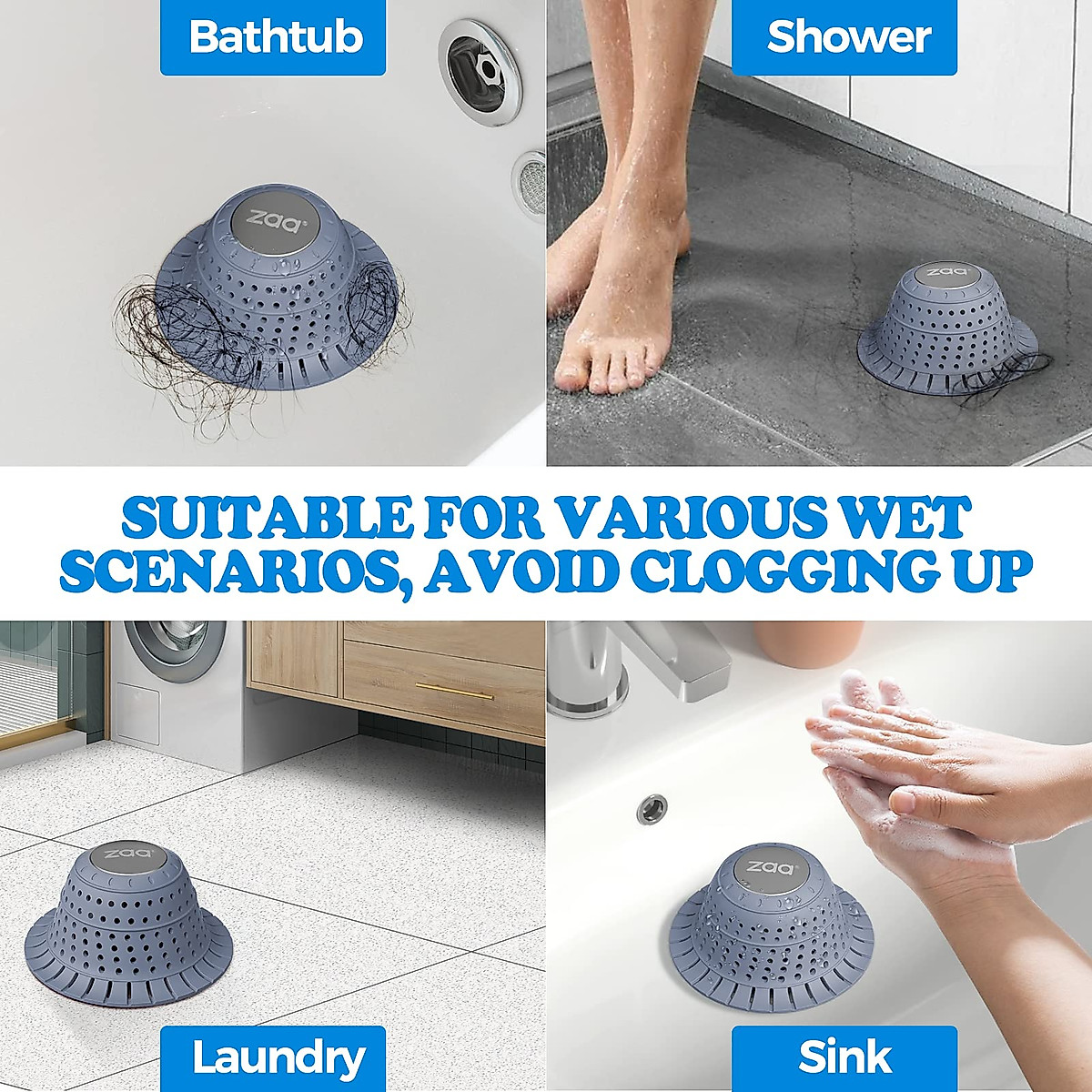 zaa Bathtub Drain Hair Catcher, Silicone Collapsible 1 Pack Drain Protector for Pop-Up and Regular Drains of Shower, Bathtub, Tub, Bathroom, Sink, Blue