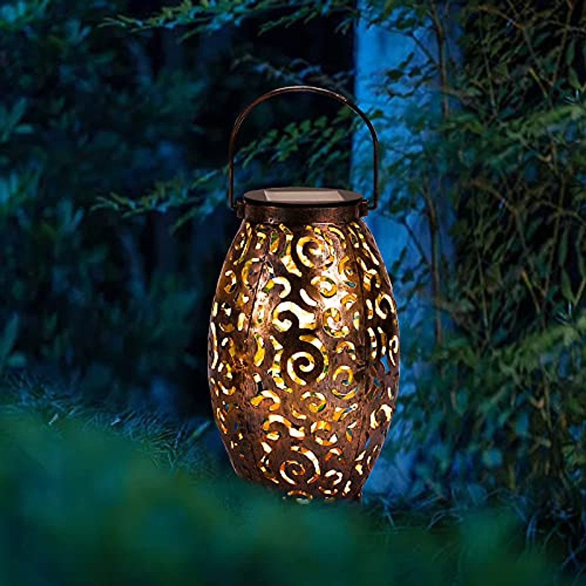 2Pcs Solar Lanterns Outdoor Waterproof Hanging Solar Garden Hollow Lanterns LED Lanterns with Handle Decorative Projector Night Light for Courtyard Porch Pathway Walkway Tree Fence Christmas