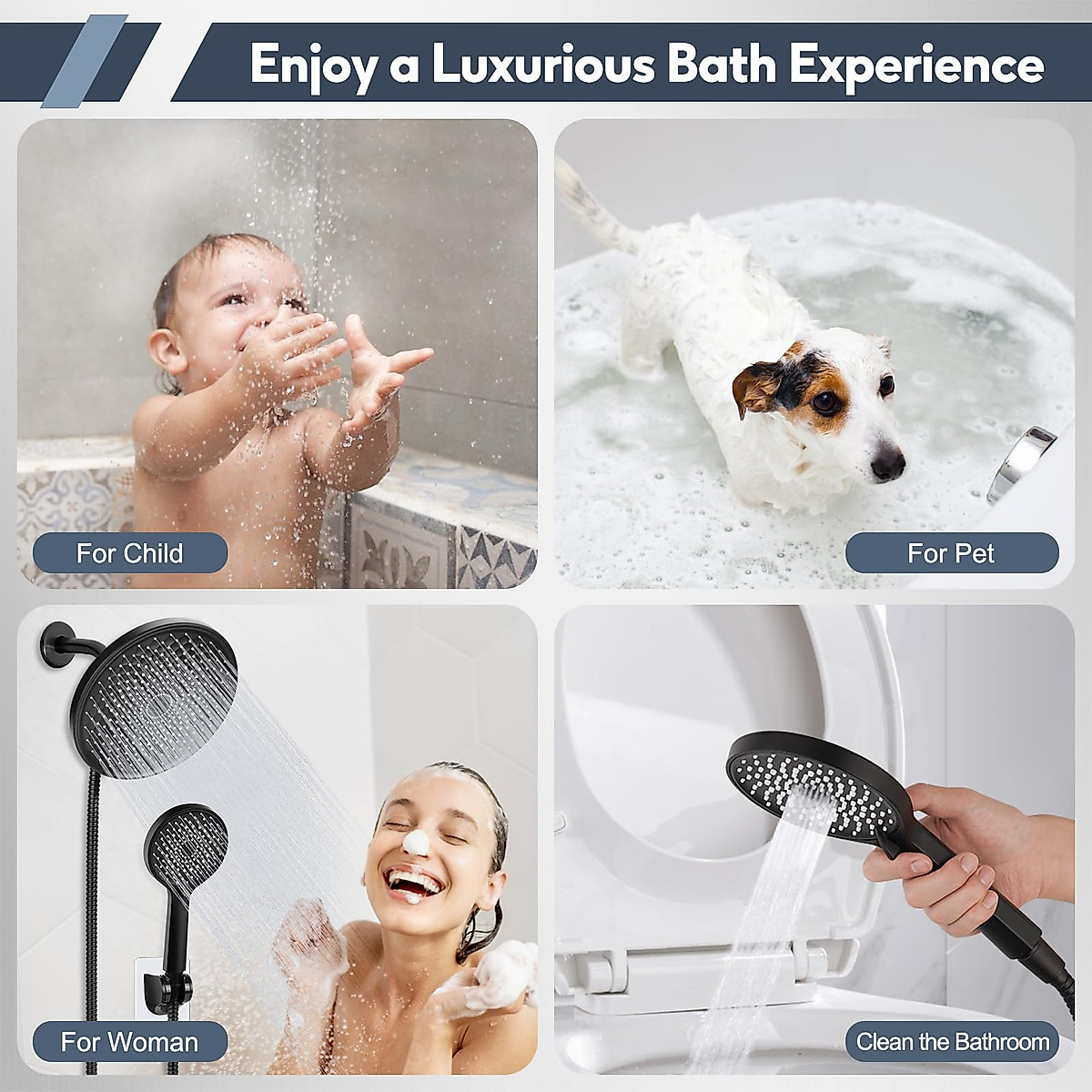 Lanhado 8.5'' Matte Black Shower With Handheld Spray, High Pressure Rainfall Head and Anti-Leak Holder, 4 Settings, Waterfall Upgrade