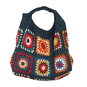 Navy Granny Square Bag Hippie Classic Handmade Crochet Vintage Shoulder Tote Bags For Winter Navy