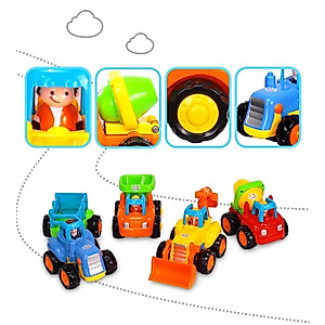 Berry President Set of 4: Early Educational Push and Go Friction Powered Car Tractor Bulldozer Mixer Truck and Dumper Toys for Toddler Baby Children Kids Boys Girls (4EngineeringCar)