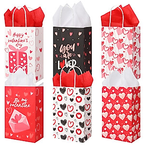DERAYEE Valentines Day Gift Bags with Handle, 24 Pack Heart Bags with Tissue Paper Medium Valentines Kraft Paper Wrapping Bags for Valentines Party Favors