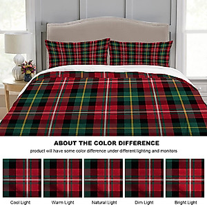 Batmerry Christmas Plaid Tartan Queen Size 3 Pieces Bedding Comforter Cover Sets,Soft Fluffy Red Abstract Black Fashion Geometric Pattern Printed Duvet Cover for All Season