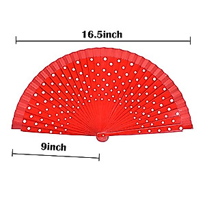 Spanish Folding Fan for Women,Retro Handmade Wooden Wave Point Hand Fan for Dance,Performance and Gift (Red)