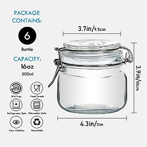 YEBODA 16oz Food Storage Canister Glass Jars with Clamp Airtight Lids and Silicone Gaskets for Multi-Purpose Kitchen Containers - Clear Square (6 Pack)