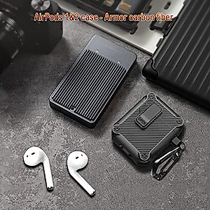 R-fun Airpods Case Cover with Automatic Secure Lock Clip, Protective Rugged Hard Shell for Apple Airpods 2nd & 1st Generation Charging Case with Carbon Fiber Keychain-Black