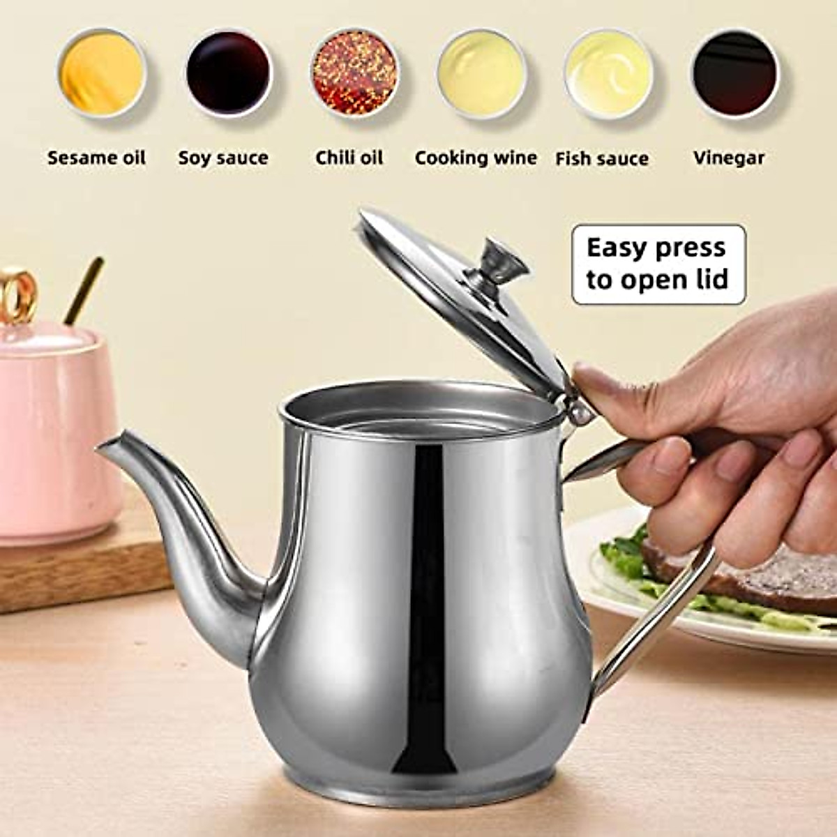 Stainless Steel Oiler with Strainer, Bacon Grease Container with Strainer and Spout, Reusable Stainless Steel Oiler for Bacon Grease, 304 Stainless Steel Oil Strainer Pot for Kitchen (24 oz)