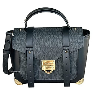 Michael Kors Manhattan Medium Black Signature Leather Purse Satchel Handbag