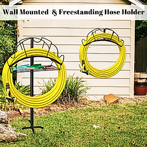 AUHOKY Freestanding Garden Hose Holder 4 Spiky Feet, Heavy Duty Deatachable Outdoor Garden Hose Holder Stand with Tools Storage Basket, Decorative Water Pipe Reel Organizer for Yard Lawn Patio (Iron)