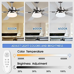 SNJ 52 inch Ceiling Fan with Light, Modern Silver Ceiling Fan with Light and Remote, Brushed Nickel and White Ceiling Fan for Bedroom, Living Room, Outdoor Patio, Quiet DC Motor (5 Blades)