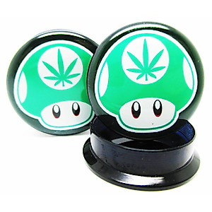 Pierced Republic Green 1-Up Mushroom Pot Leaf Ear Plugs - Acrylic Screw-On - 10 Sizes - *Pair* (00 Gauge (10mm))