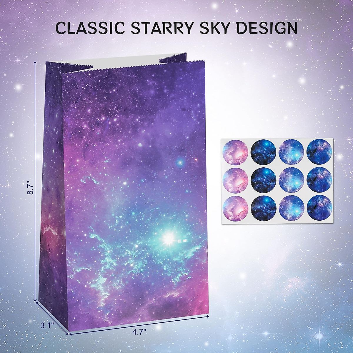 LovesTown 24PCS Party Favor Bags, Space Galaxy Print Candy Paper Bags with Stickers Goodie Treat Bags for Kids Birthday Space Galaxy Party Supplies