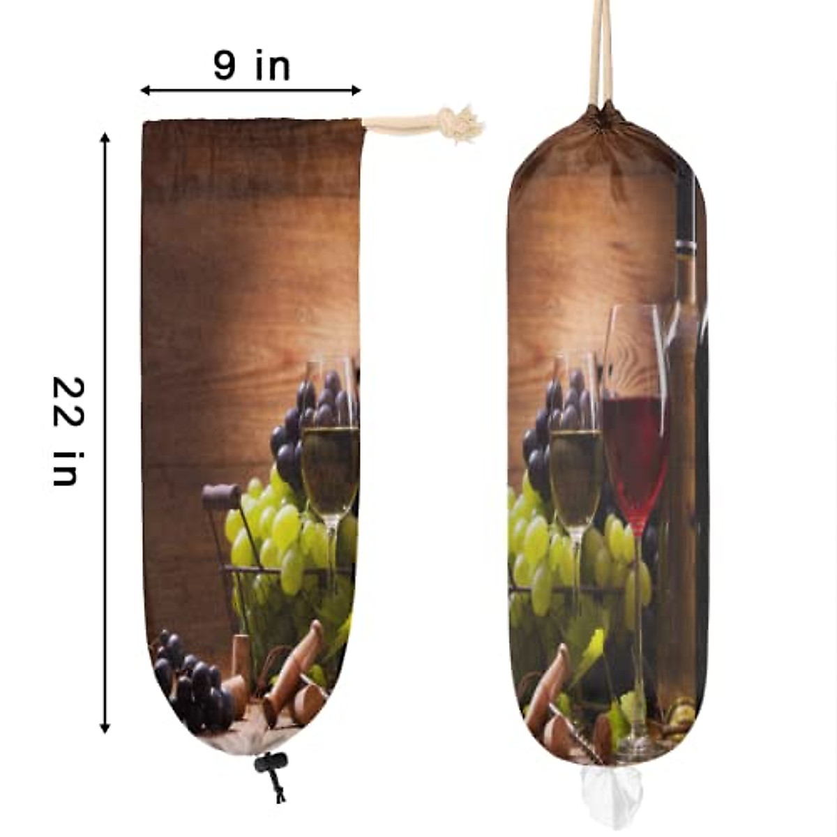 Red Wine Glasses Plastic Bag Holder Organizer Wall Mount,Grapes Large Grocery Bag Storage Dispenser Garbage Shopping Trash Bag Holder with Drawstring for Home Kitchen Pantry Decor 22×9 Inch