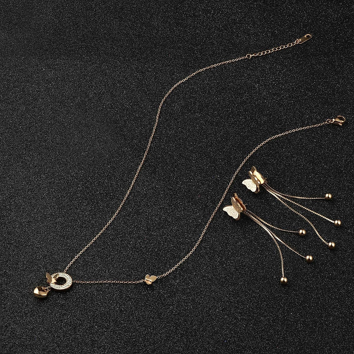 EVEVIC Stainless Steel Butterfly Necklace Earrings Set for Women 14K Gold Plated Hypoallergenic Jewelry Sets (Style-B Rose-Goldtone)