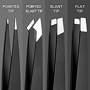 Mabox Professional Tweezer Set with Case - 4 Pieces Slanted and Pointed Stainless Steel Tweezer Set, Precision Slant Tweezers for Eyebrows, Facial Hair, Ingrown Hair, Splinter and Blackhead (Black)