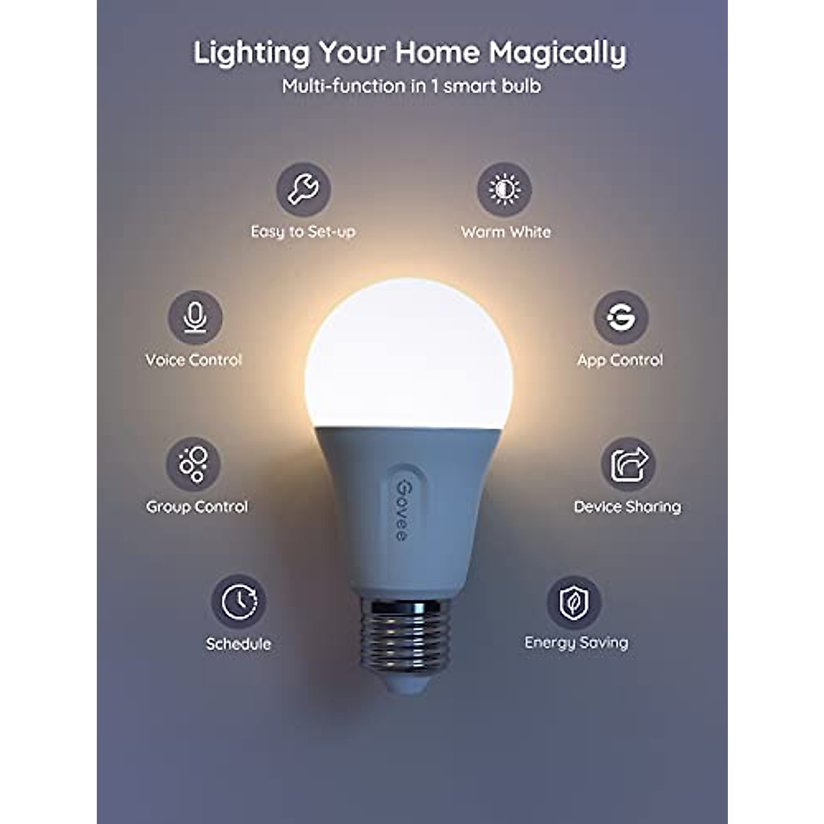 Govee Smart Light Bulbs, Dimmable LED Bulbs Work with Alexa & Google Assistant, 2700K 800 Lumens Soft Warm White WiFi & Bluetooth Light Bulbs, A19 E26 9W LED Bulbs, 60W Equivalent, 4 Pack