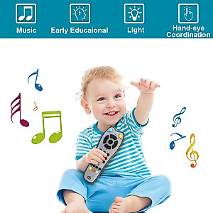 LKNUIYIE Kids Realistic TV Remote Control with Soft Light and Sound, Early Educational Learning Remote Toy with 3 Different Language, Musical Remote Toy for 6 Months+ Toddlers Boys or Girls