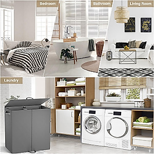 Double Laundry Hamper with Lid and 4 Removable Laundry Bags, Collapsible Laundry Hamper 2 Section Dirty Clothes Hamper with Handles for Laundry, Bedroom, Bathroom, Dorm, Grey