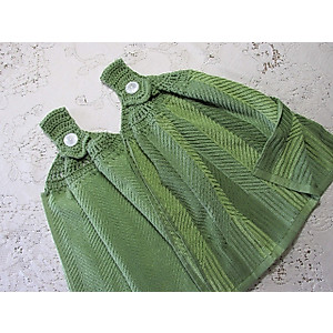 Set of 2 Green Doubled Chevron Design Hanging Kitchen Towels with Green Cotton Crochet Top - Best Quality