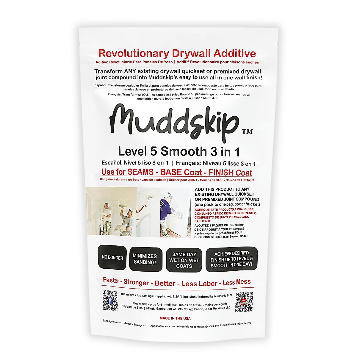 Muddskip Level 5 Smooth 3 in 1 Drywall Additive for Seams, Base & Finish Coats - Transforms Quickset or Joint Compound Into All in One Wall Finish – No Sanding, Same Day Wet On Wet Coats – 2 lb. Bag