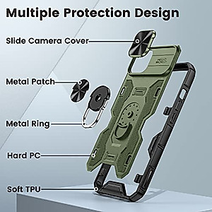 Caka for iPhone 14 Plus Case, Phone Case with Camera Cover & Kickstand, Built-in 360°Rotate Ring Stand Magnetic Magnet Protective Cover for iPhone 14 Plus -Green