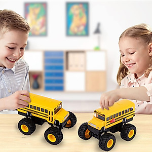 ArtCreativity 5 Inch Pull Back School Bus Toy Set - Set of 2 - Includes 5 Inch Monster-Wheel Bus, Diecast Bus Playset with Pull Back Mechanism, Great Gift Idea for Kids