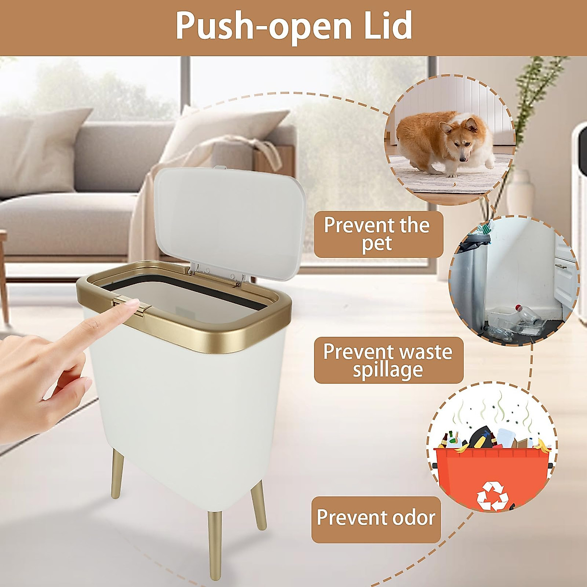 MUXHEL 1 Pcs Trash Can with Lid, White-Glod Trash Bin with Long Legs, PP Plastic Nordic Modern Waste Basket Dog Proof Trash Can for Indoor and Outdoor (4 Gallon)
