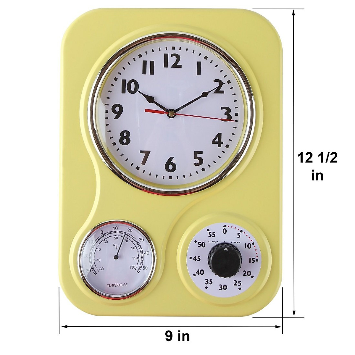 Lily's Home Retro Kitchen Wall Clock, with a Thermometer and 60-Minute Timer, Ideal for Any Kitchen, Yellow (9.5 in x 13.3 in)