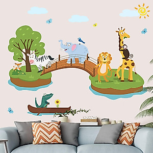 Removable 3D Giant Jungle Animals Lion Elephant Bird Fox on The Bridge Wall Decals Tree Wall Sticker Art Decor for Kids Boys Baby Children Bedroom Living Room Bathroom Classroom Playroom Nursery