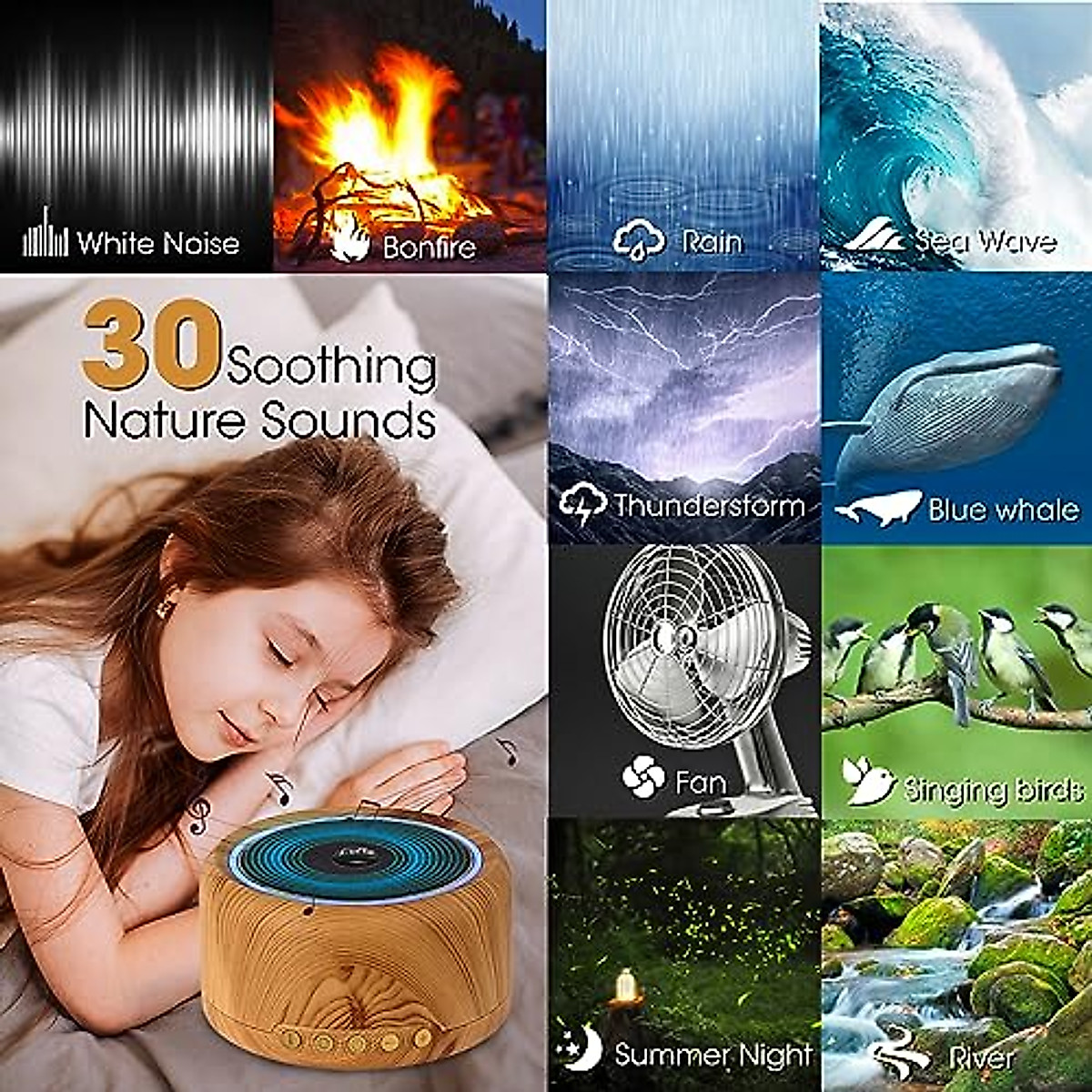 White Noise Machine,Baby Sound Machine with 6 Breathing Lights for Baby Kids Adult Sleeping & Nursery 30 Soothing Natural Sounds Timer & Memory Function Wood Grain Portable for Travel