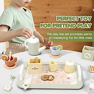 Wooden Tea Party Set for Little Girls, Play Tea Set for Kids Toddlers, Pretend Play Kitchen Toy Gift for 1 2 3 4 5 Years Old