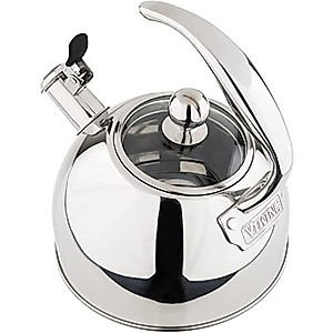 Viking Culinary 3-Ply Stainless Steel Whistling Tea Kettle, 2.6 Quart, Includes Tempered Glass Lid, Ergonomic Stay-Cool Handle, Works on All Cooktops including Induction, Mirror Finish