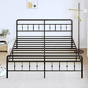 DiaOutro 16 Inch King Bed Frame with Headboard and Footboard, Classic Metal Platform No Box Spring Needed Heavy Duty Victorian Style Iron-Art Mattress Foundation/Under Bed Storage/Noise Free