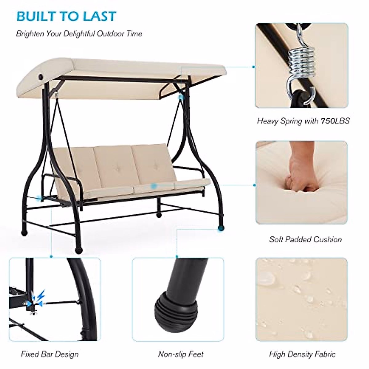 AECOJOY 3-Seat Outdoor Patio Swing Chair, Converting Swing Glider Canopy Hammock w/Adjustable Backrest and Canopy, Removable Cushions for Porch, Backyard, Poolside, Beige