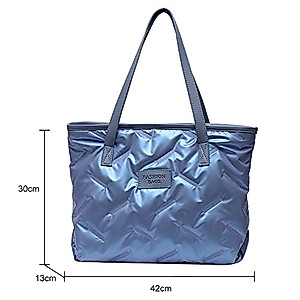 AZURAOKEY Puffer Tote Bag for Women, Quilted Cotton Padded Handbag, Women Shoulder Bags Soft Large Capacity Top-handle Bags Warm Zipper Simple Portable Lightweight for Girls Shopping-Blue