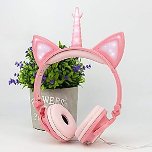 Olyre Cartoon Cute Headphones Wired 3.5mm Jack Light Up Flashing LED Unicorn Headphones Folding Adjustable On Ear Earphones for Women Girls Boys Children Kids Toddler School Birthday