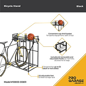 ClosetMaid ProGarage Bike Stand Rack with Storage Shelf and 4 Hooks for 3 Bicycles, Adult or Kids, Black