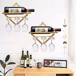 2Pcs Metal Wall Mounted Wine Holder Stemware Glass Rack, Upgrade Collapsible Hanging Red Wine Racks Organizer with 3 Stem Glass Holders, Wine Bottle Display Hanger for Home Kitchen Bar Decor…