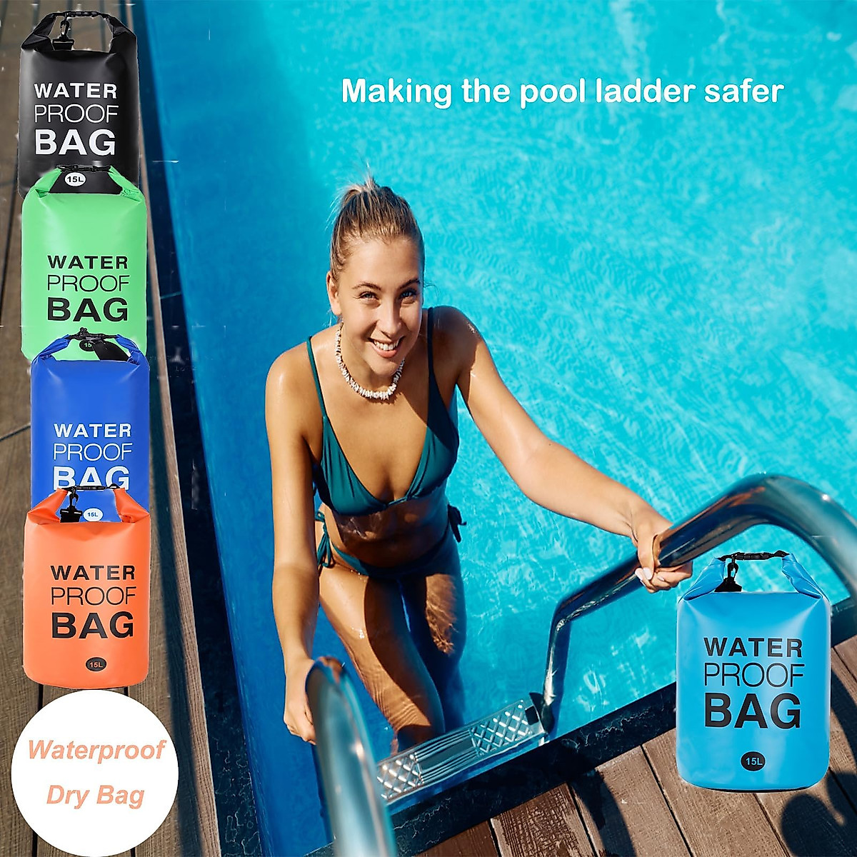 TWOZOZO Pool Ladder Weights 15L PVC Waterproof Dry Bag, Swimming Pool Ladder and Step Weight, Durable Sandbag Kayak Dry Bag Canoe Trip Bag, Work with Above-Ground/In-Ground Pool Steps(Sapphire blue)