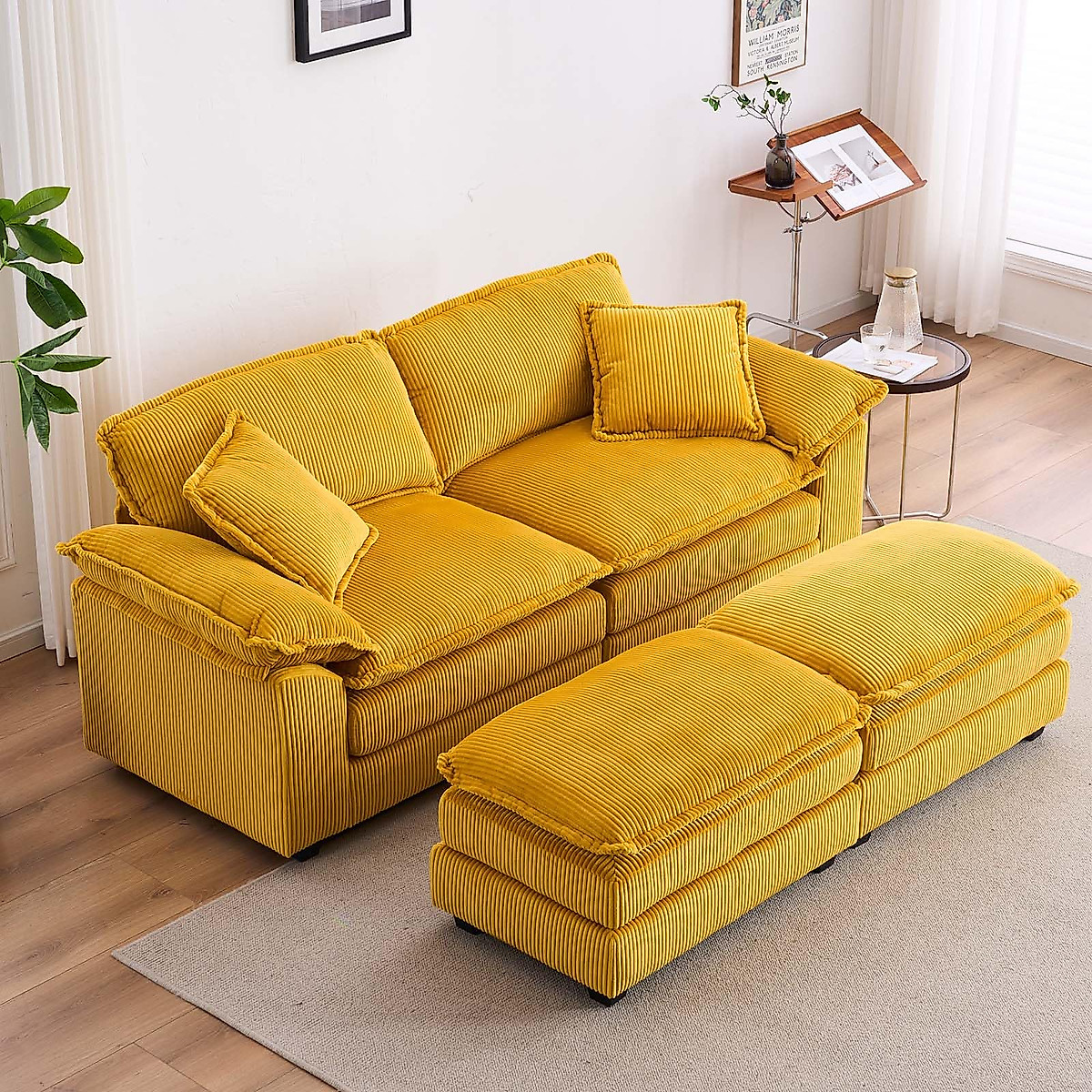 Chaise Longue Indoor with Movable Ottoman, 84.6" Modern Corduroy Loveseat Lounge Sofa Chair with Deep Seat, Upholstered L Shaped Modular Sectional Sofa Couches for Living Room, Apartment, Yellow