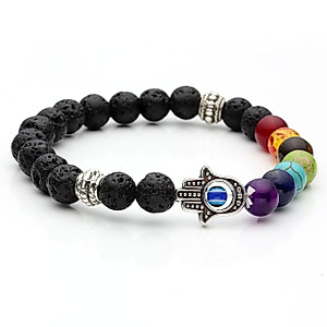 Jovivi 7 Chakras Gemstone Beaded Crystal Bracelet Hamsa Hand Evil Eye Natural Lava Rock Stone Essention Oils Diffuser Reiki Healing Balancing Round Beads Bracelet