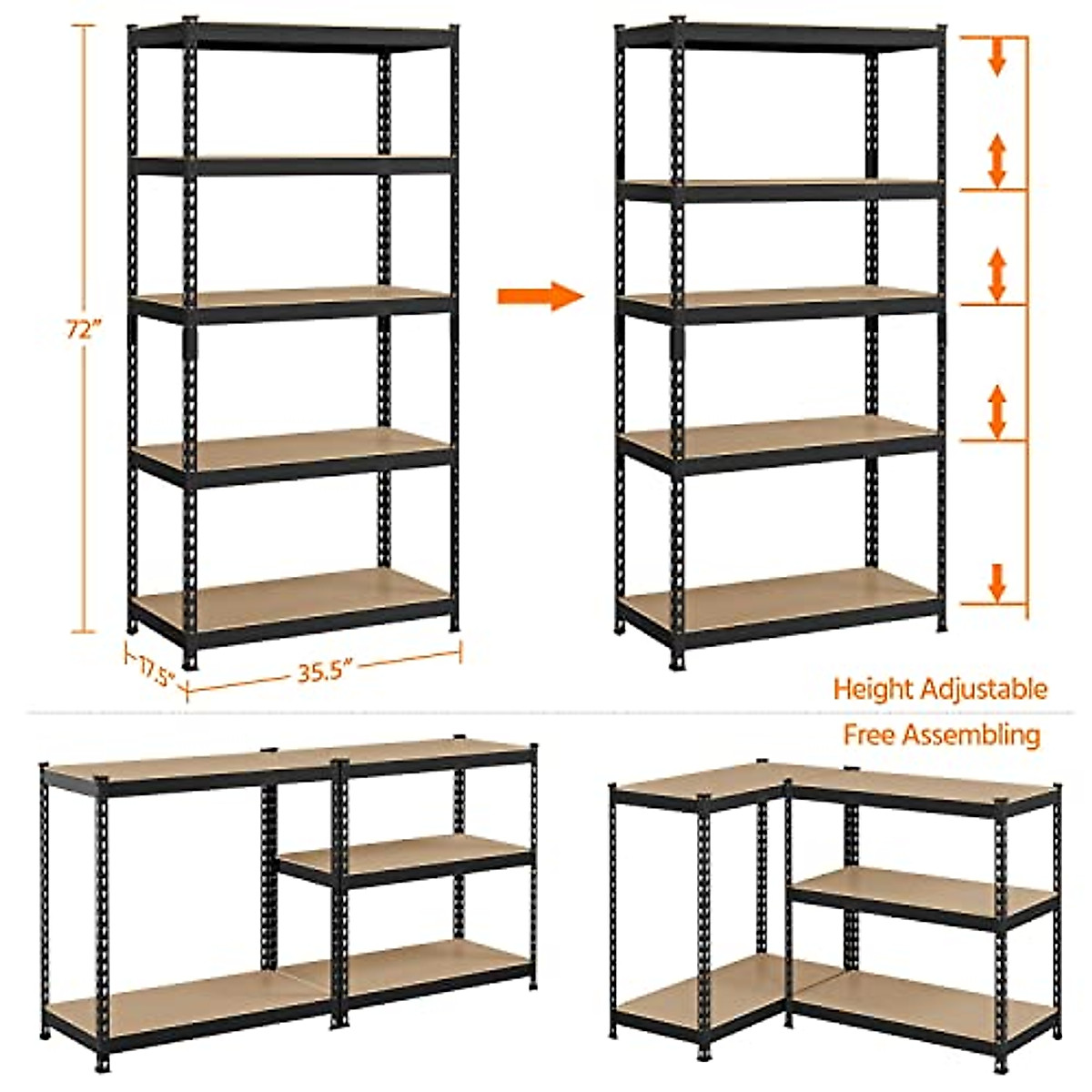 Topeakmart 2PCS 5-Tier Utility Shelves, Metal Storage Shelves Garage Shelving Unit Adjustable Garage Storage Shelves Storage Racks Heavy Duty Shed Shelving- Black, 35.5 x 17.5 x 72 Inch