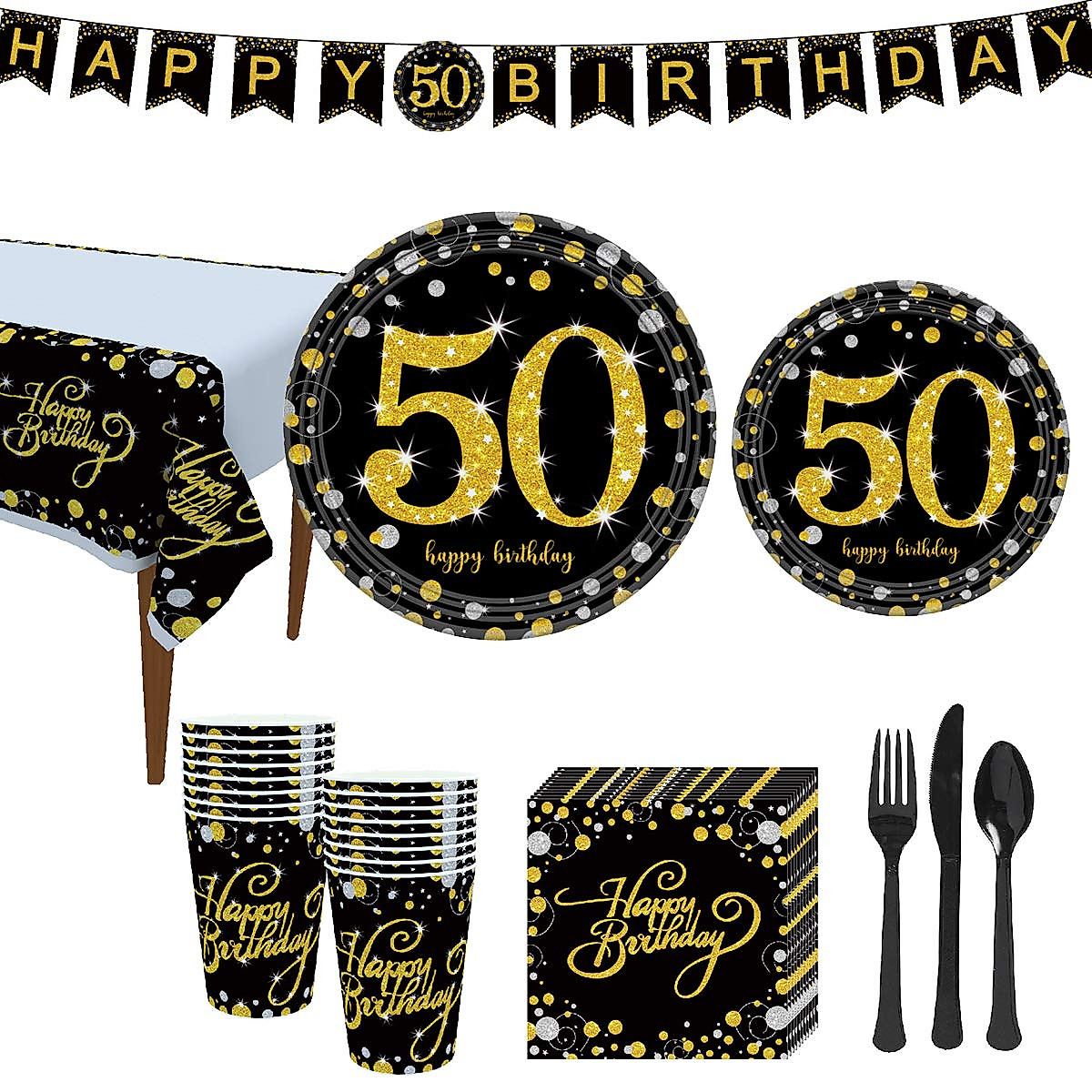 50th Birthday Black And Gold Party Supplies, Disposable Tableware,16 Guest, 50 Years Birthday Decorations For Men,Include Paper Plates, Banner Cups Napkins Tablecloth Cutlery…