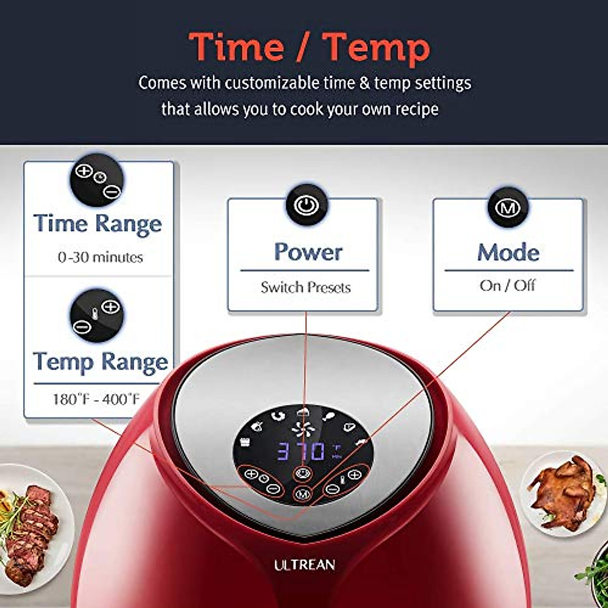 Ultrean Large Air Fryer 8.5 Quart, Electric Hot Airfryer XL Oven Oilless Cooker with 7 Presets, LCD Digital Touch Screen and Nonstick Detachable Basket, UL Certified, Cook Book, 1700W (Red)