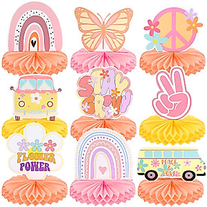 9 Pcs Groovy Hippie Party Honeycomb Centerpieces Retro Rainbow Daisy Flower Butterfly Peace Theme Two Groovy Table Topper Birthday Party Decoration for Girl Teen Baby Shower Photo Booth Prop
