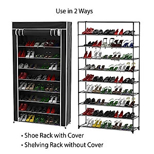 Lavish Home Shoe Storage Rack – 9-Tier Shoe Rack with Cover for Dust and Metal Frame – Freestanding Vertical Shoe Storage Cabinet Organizer (Black)