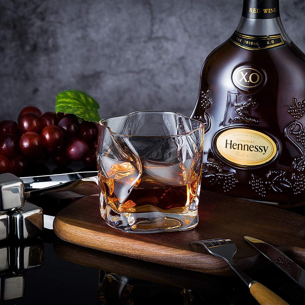 YouYah Whiskey Glasses Set, Crystal Whisky Glasses with 4 Stainless Steel Ice Cubes and Ice Tong, Gifts for Men, Lowball Bar Glass for Brandy, Cocktail, Vodka, Cognac